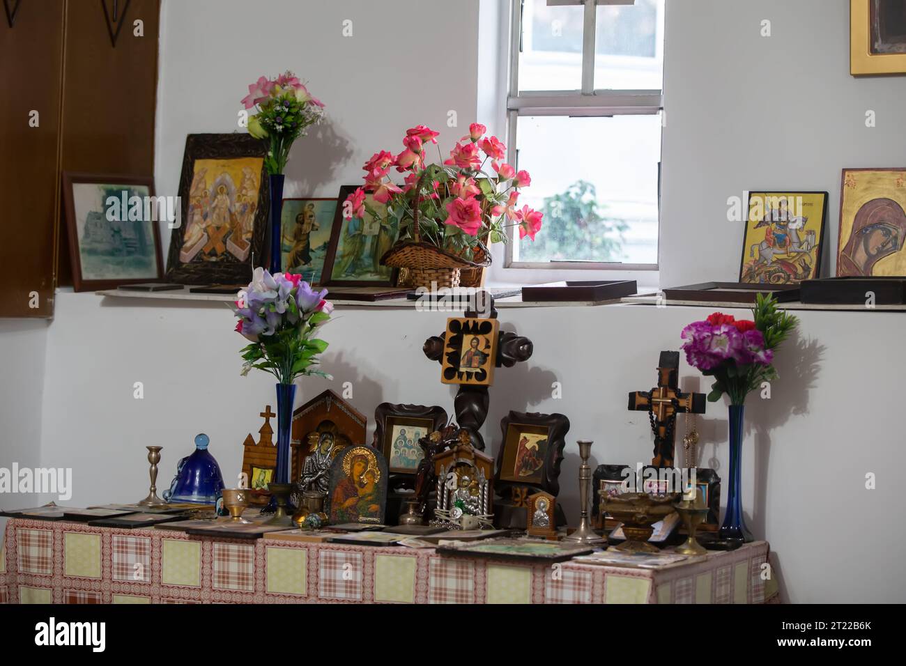 August 08, 2022. Georgia. Chakvi village. Icons in an old Georgian ...