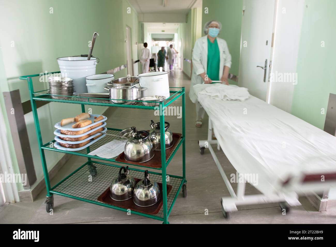 A tray of hospital food stands in the hallway of the hospital Stock ...
