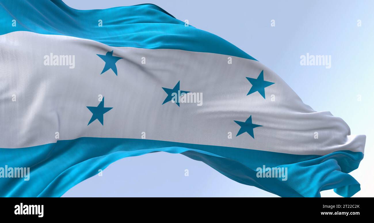 Close-up of Honduras national flag waving. Three horizontal bands of ...