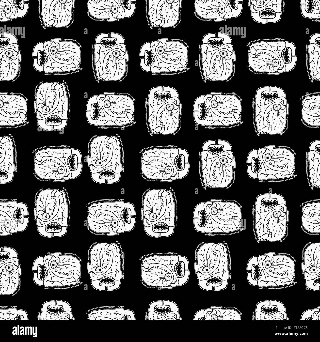 Mutant monster head drawing motif black and white linear style pattern ...