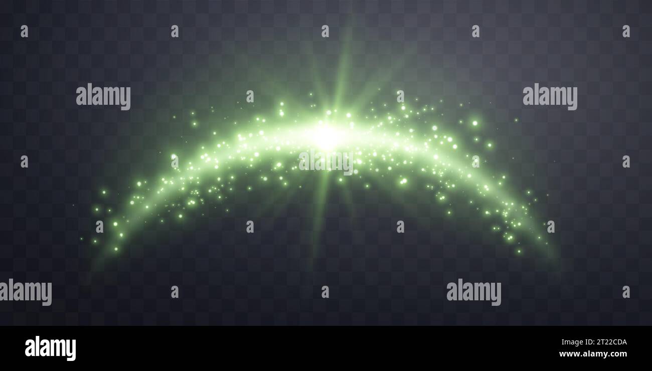 Green magic arch with glowing particles, sunlight lens flare. Neon ...