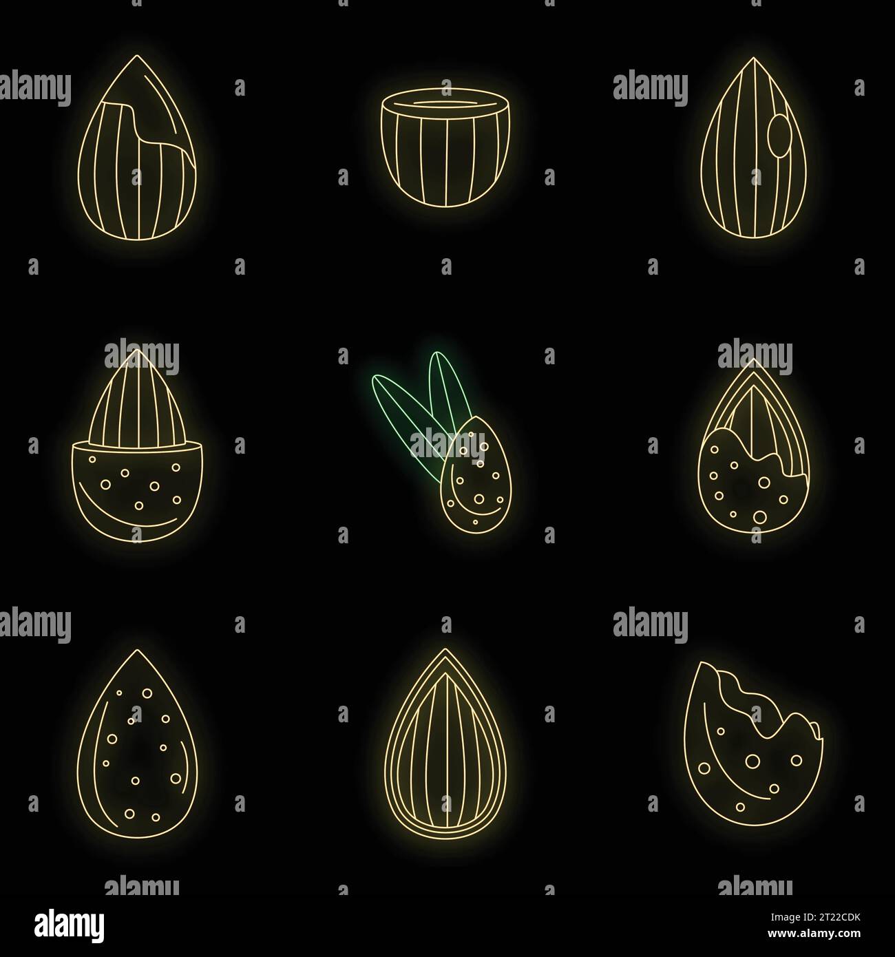 Almond walnut oil seed icons set. Outline illustration of 9 almond ...