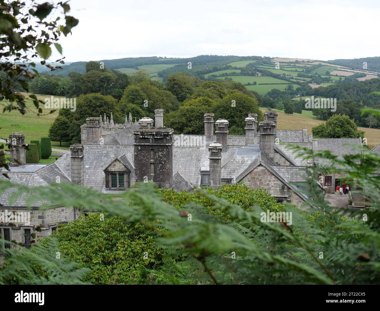 View from above the chimneys and roofs of Lanhydrock manor house in ...