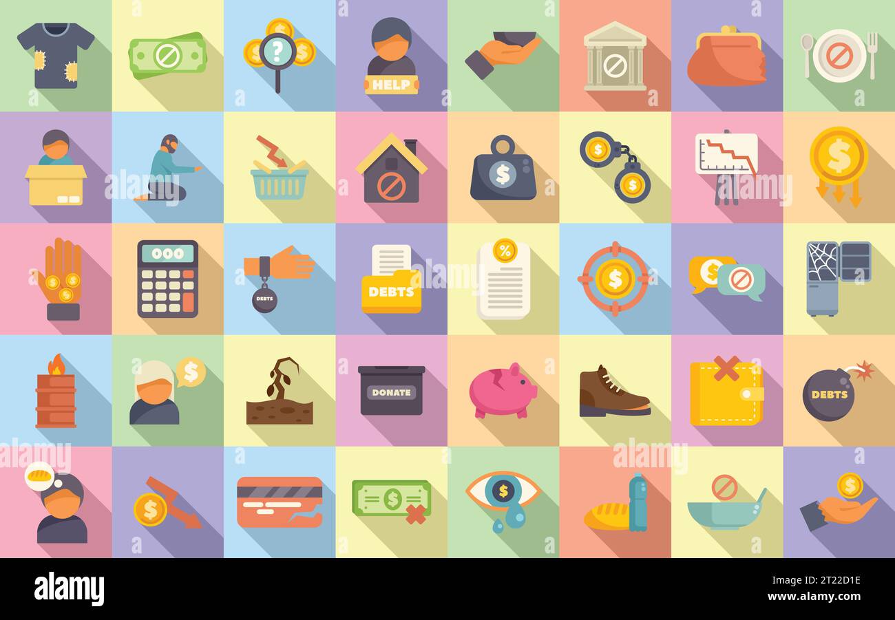 Poverty icons set flat vector. Charity donate help. Worker people ...