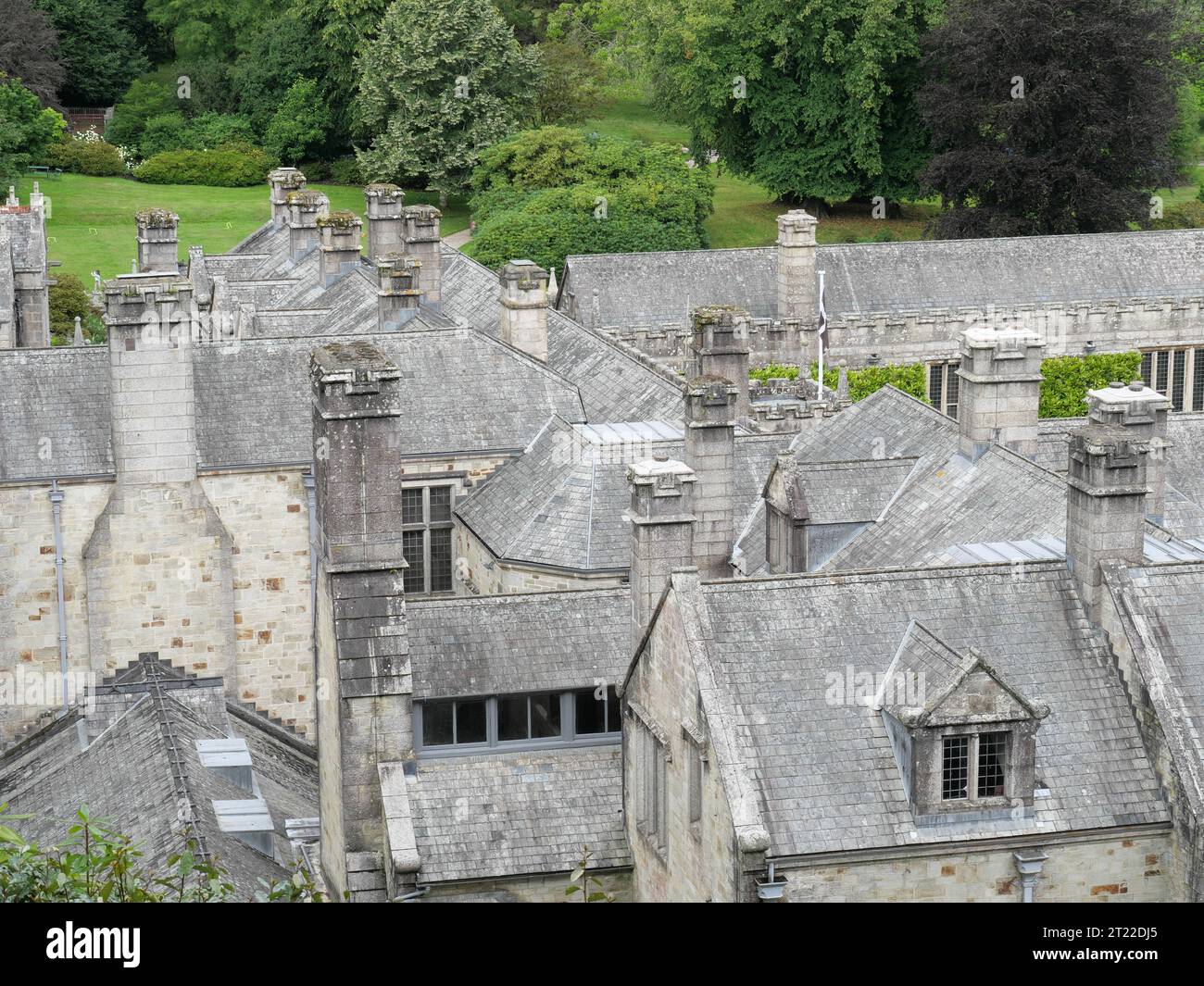 View from above the chimneys and roofs of Lanhydrock manor house in ...