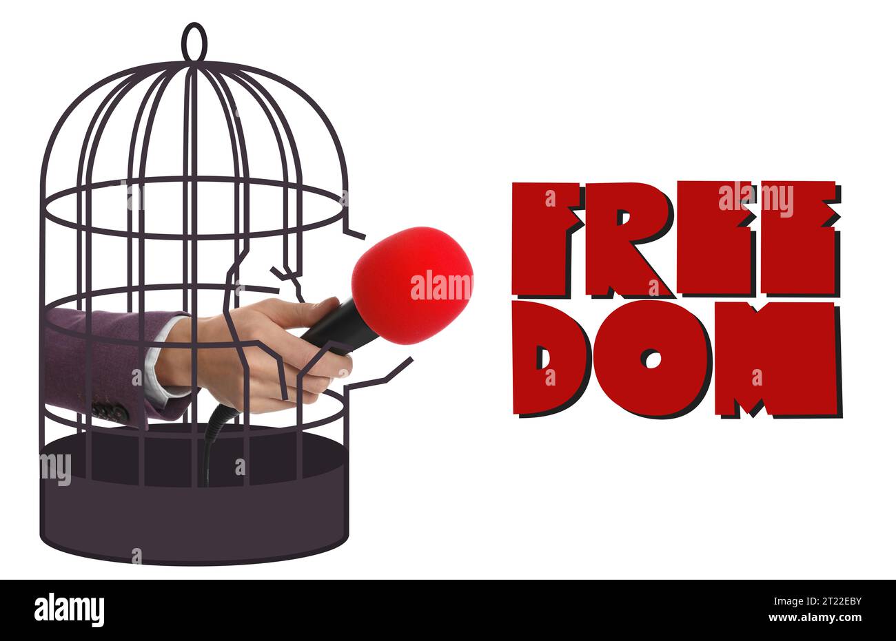 Freedom of speech. Journalist with microphone breaking cage on white ...