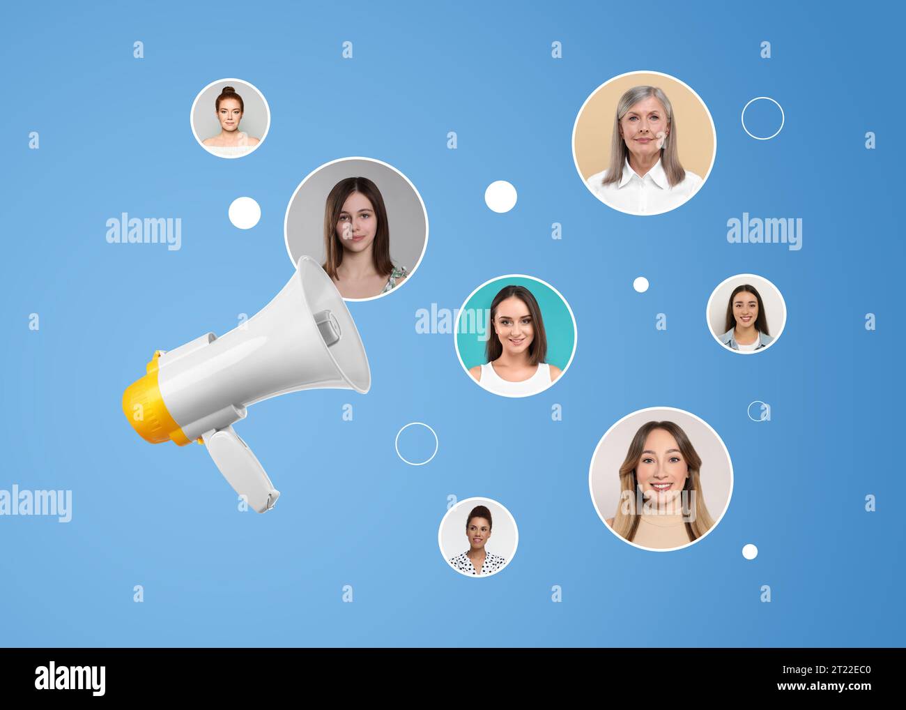 Target audience. Megaphone and photos of potential clients on light ...