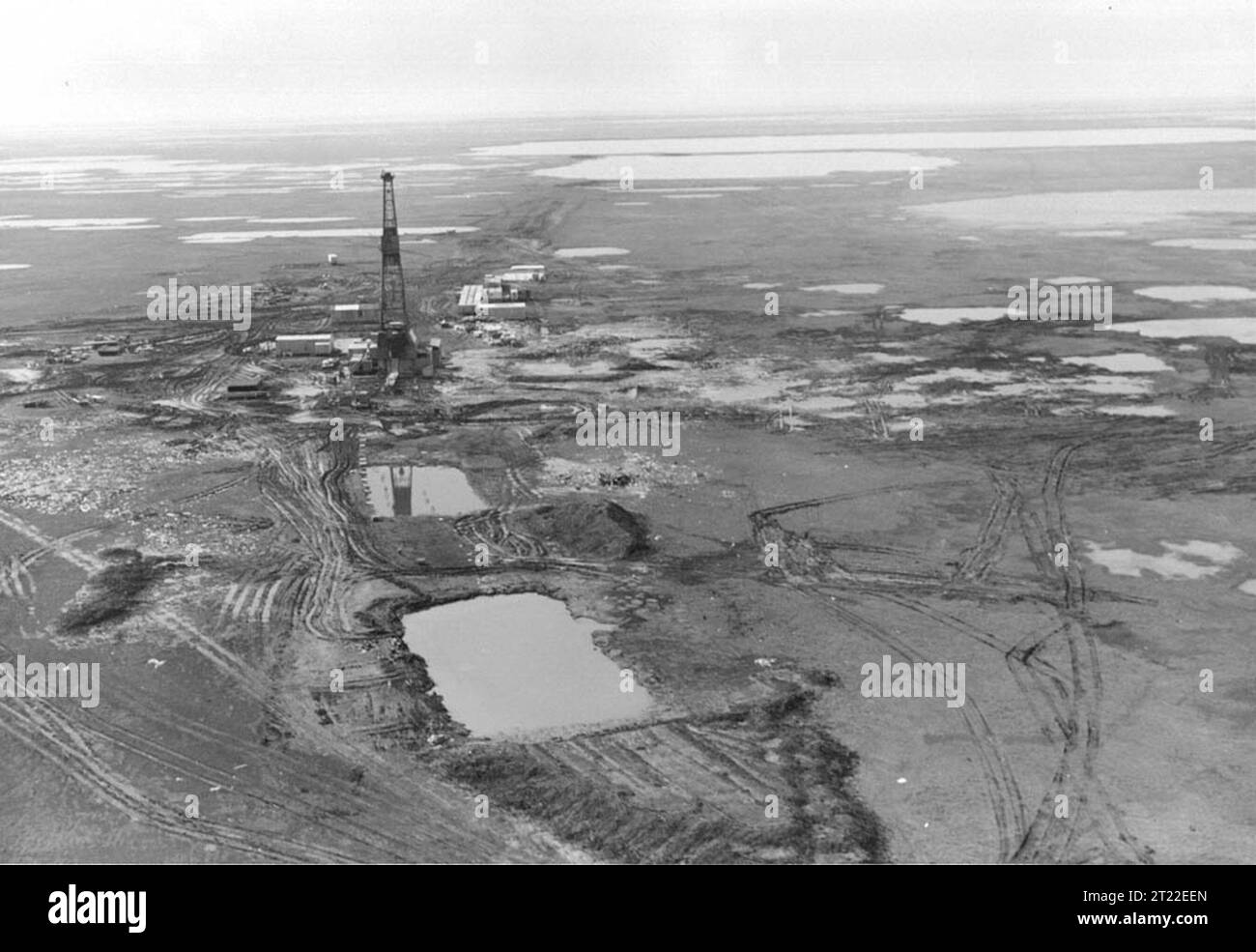 Aerial view of Prudhoe Bay, Alaska, showing industrial infrastructure ...