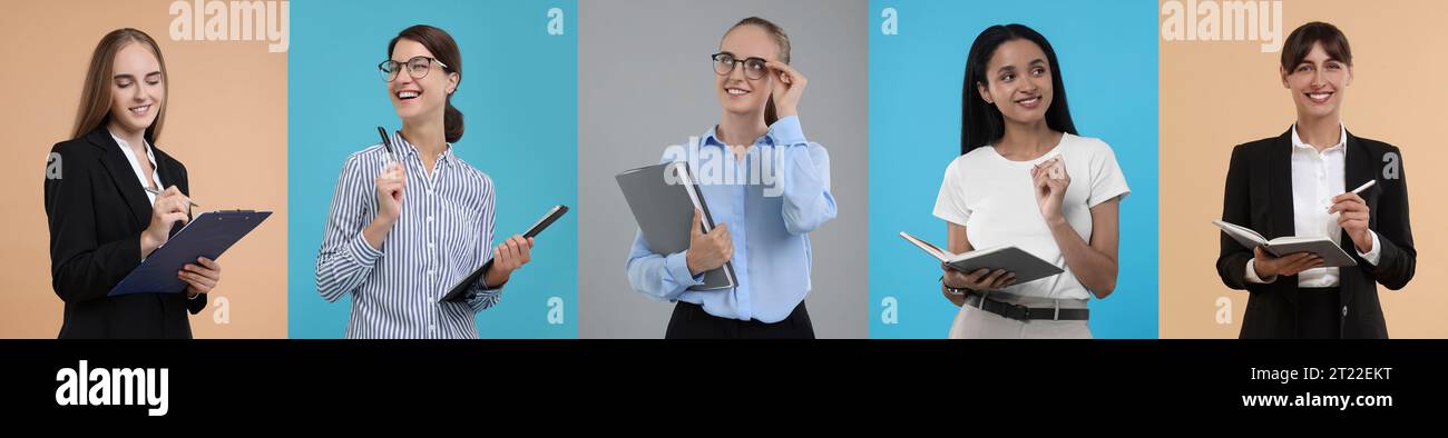 Collage with photos of beautiful secretaries on different color ...