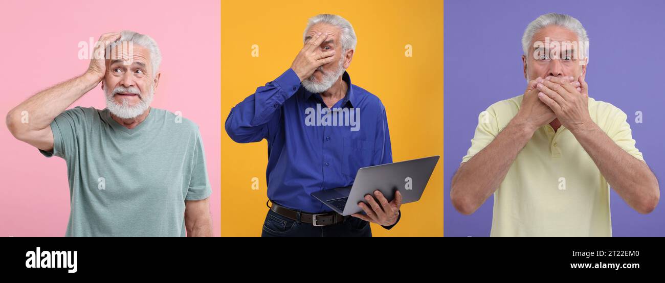 Collage with photos of embarrassed senior man on different color ...
