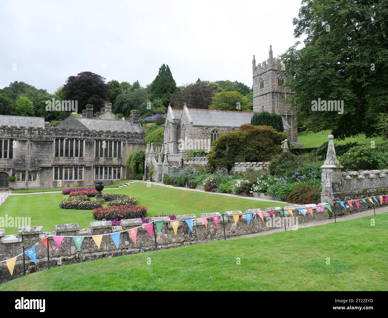 View of the garden and church at Lanhydrock manor house in Cornwall ...