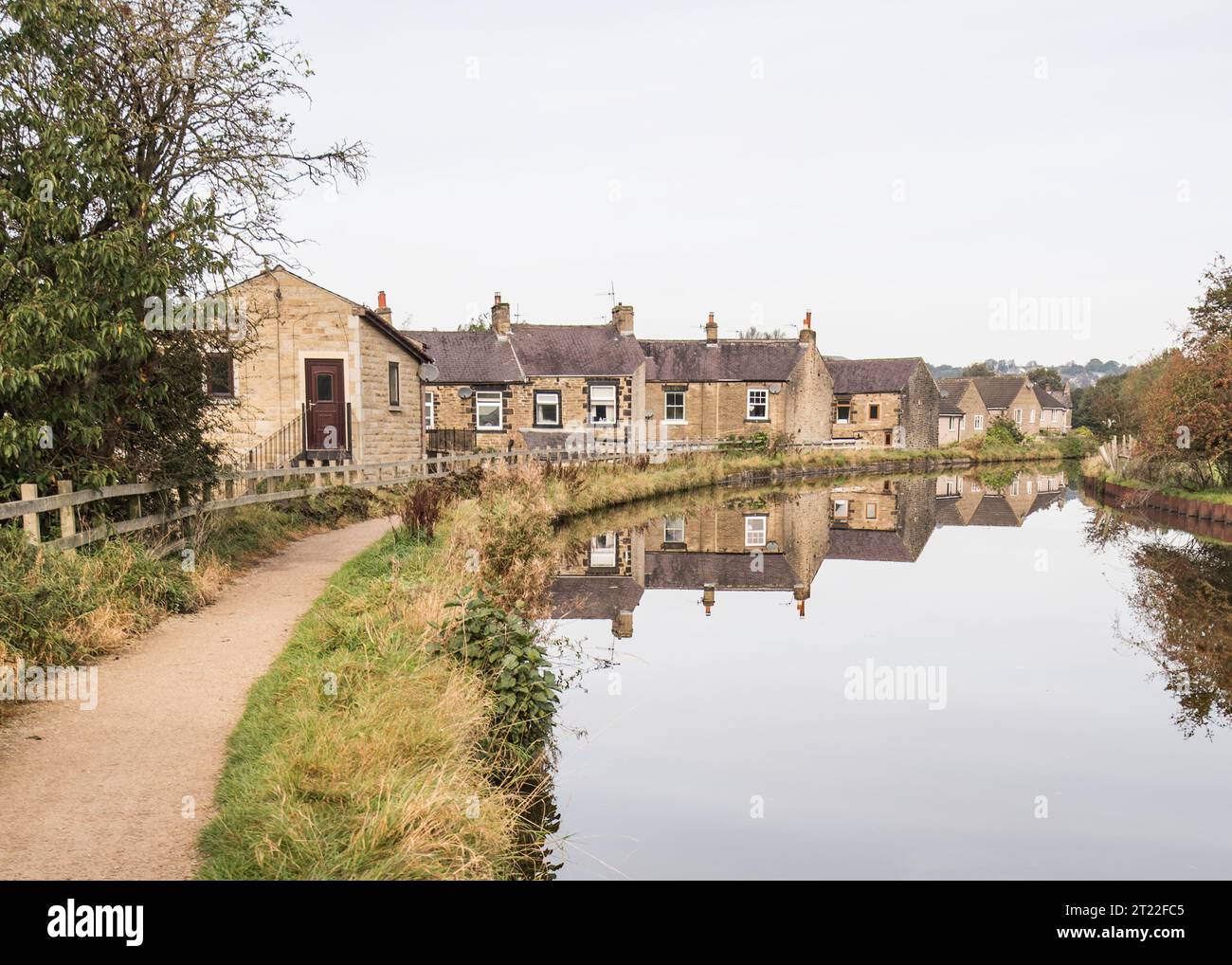 Reflections of nearby housing in the still waters of the Leeds ...