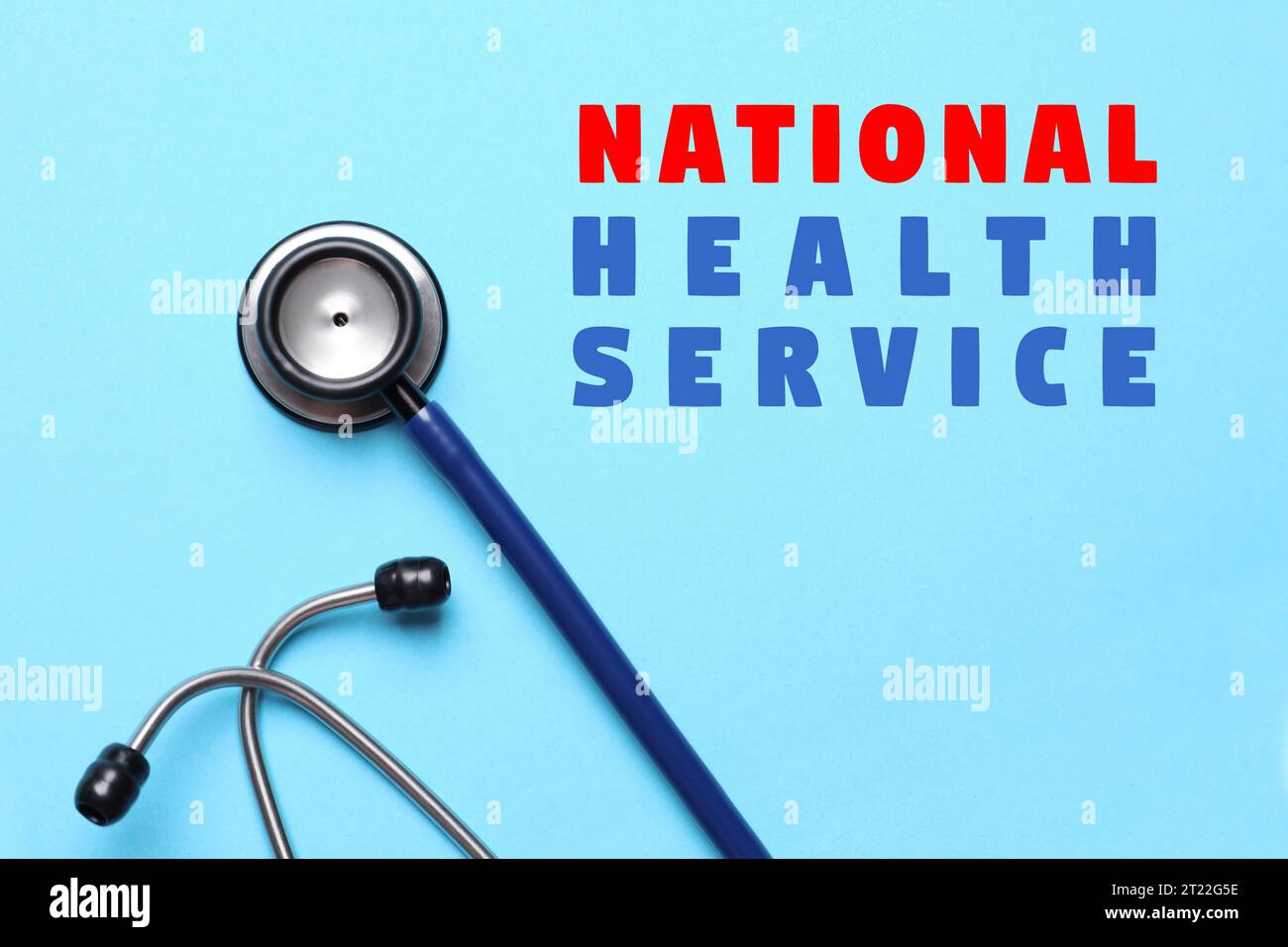 National health service (NHS). Stethoscope and text on light blue ...