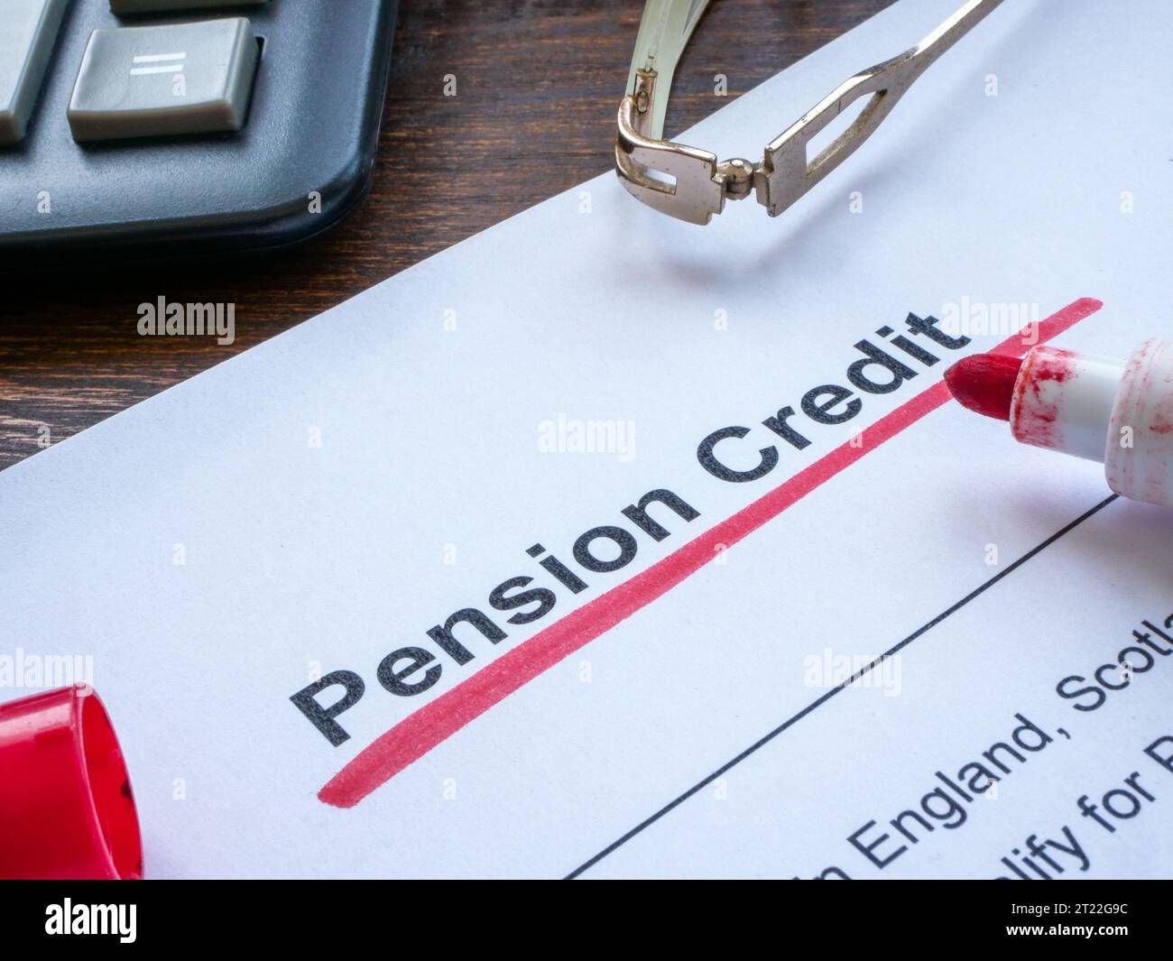 The inscription Pension credit is underlined with marker Stock Photo ...