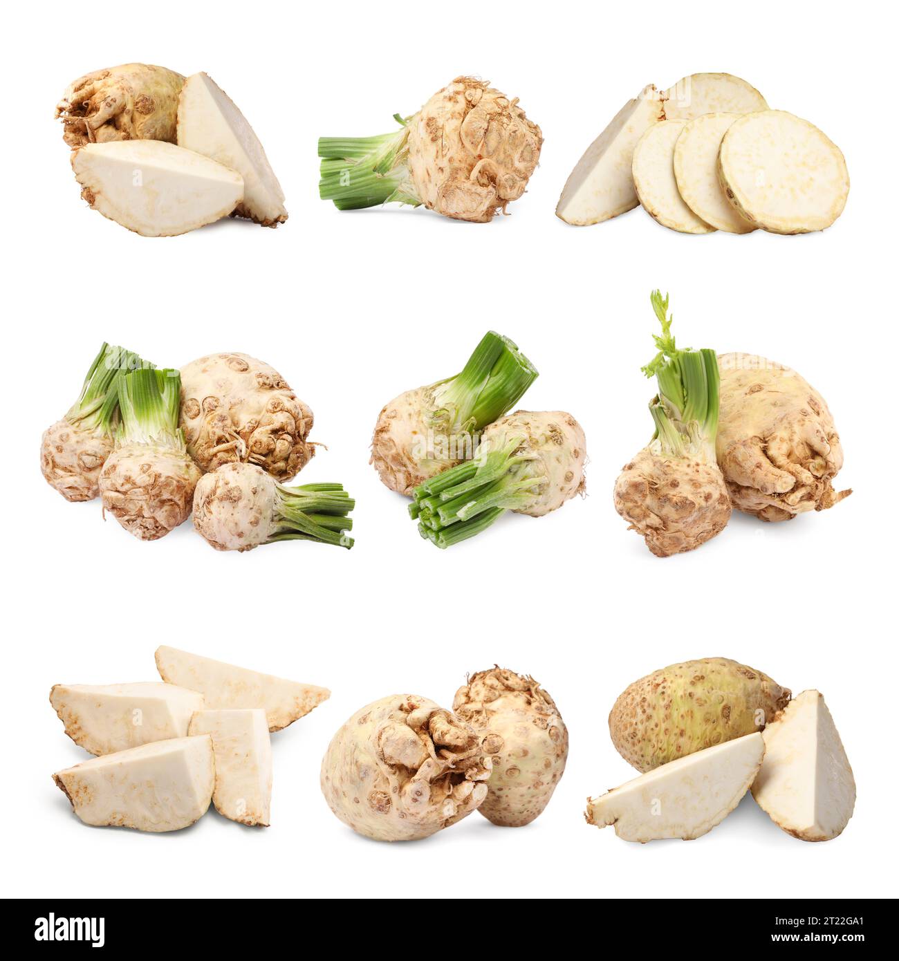 Whole and sliced celery roots isolated on white, collage design Stock ...
