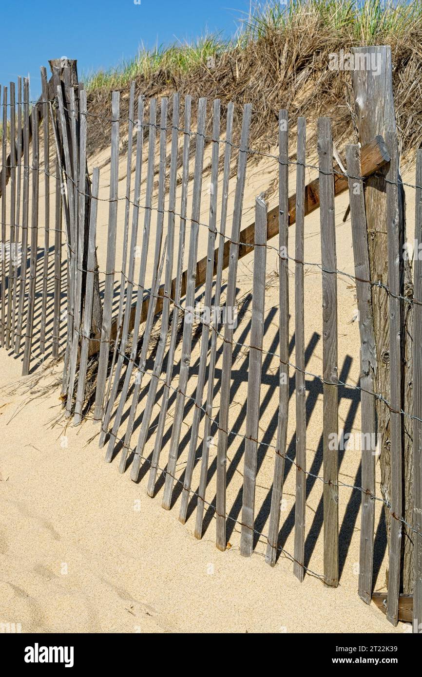 Close-up wooden sand fence and shadows on sand dunes in Cape Cod ...
