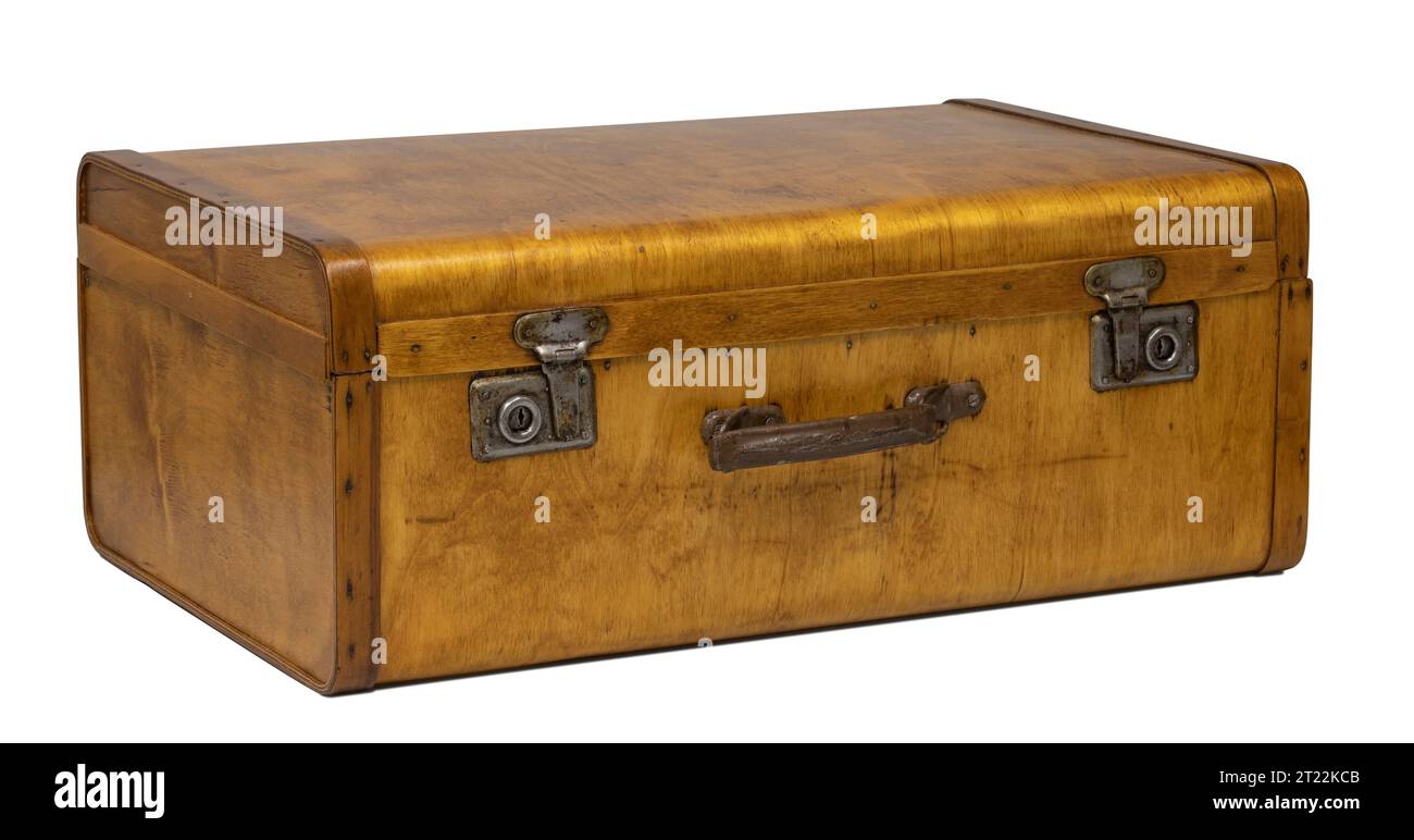 Container from boards on white background. Wooden suitcase from last ...