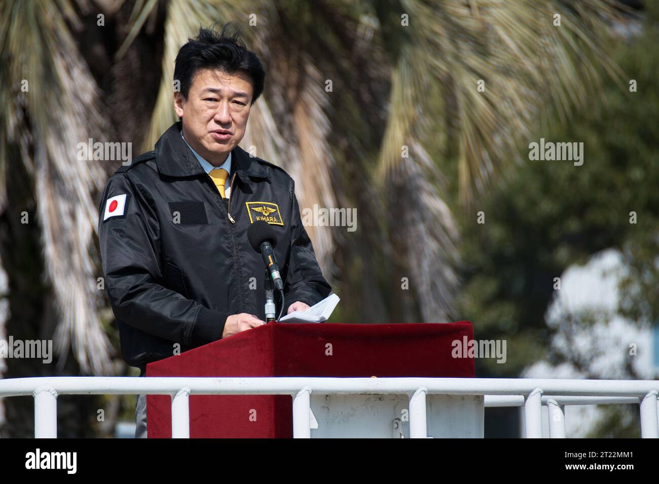Sasebo, Japan. 16th Oct, 2023. Defense Minister Minoru Kihara gives ...