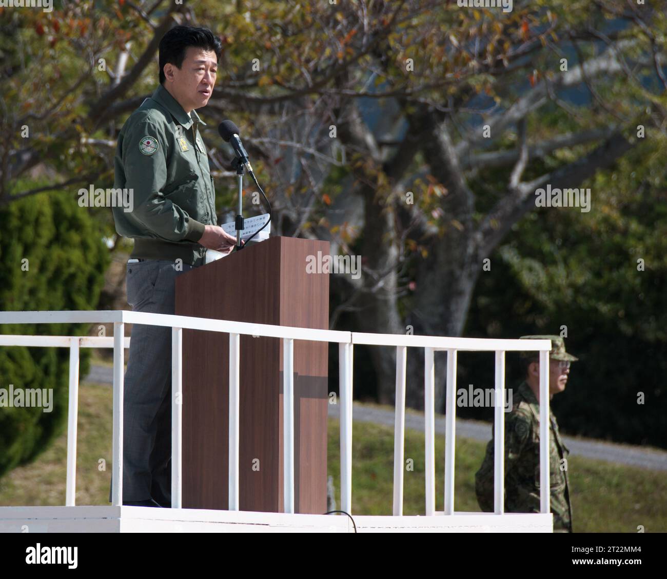 Sasebo, Japan. 16th Oct, 2023. Defense Minister Minoru Kihara gives ...