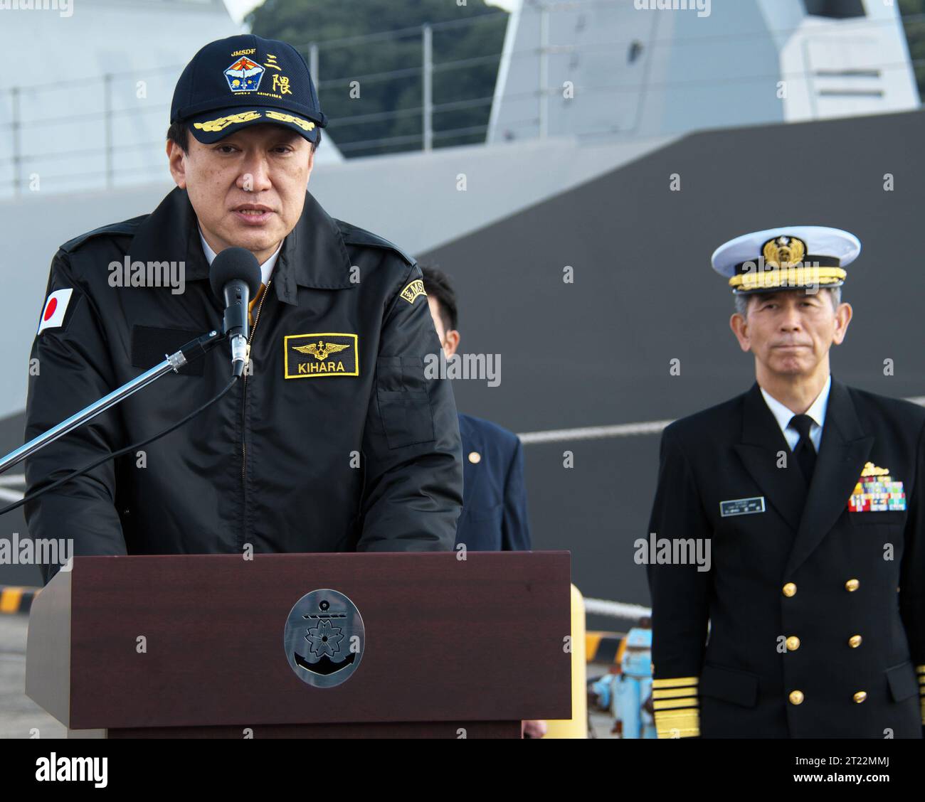 Sasebo, Japan. 16th Oct, 2023. Japan's Defense Minister Minoru Kihara(L ...