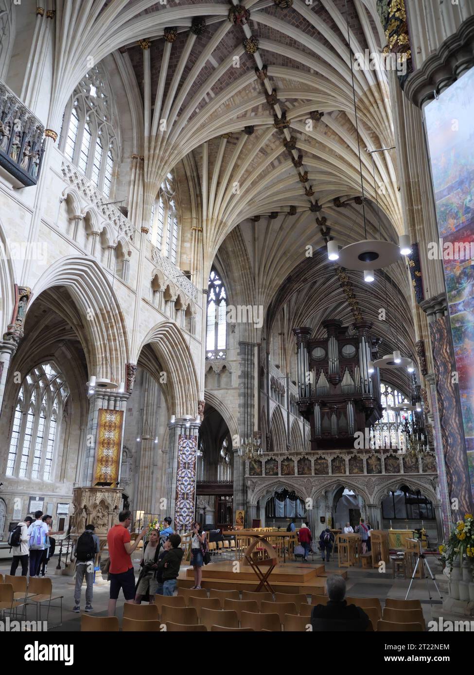 The nave or longitudinal aisle with vault and columns in the gothic ...
