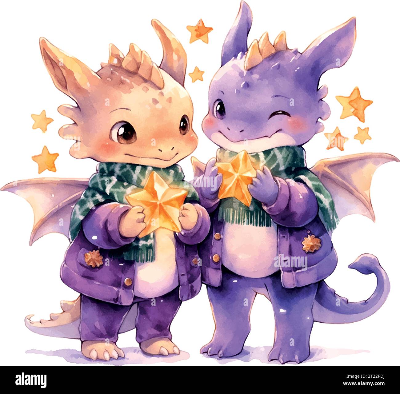 Christmas cute little 2 dragons hugging in watercolor style on white ...