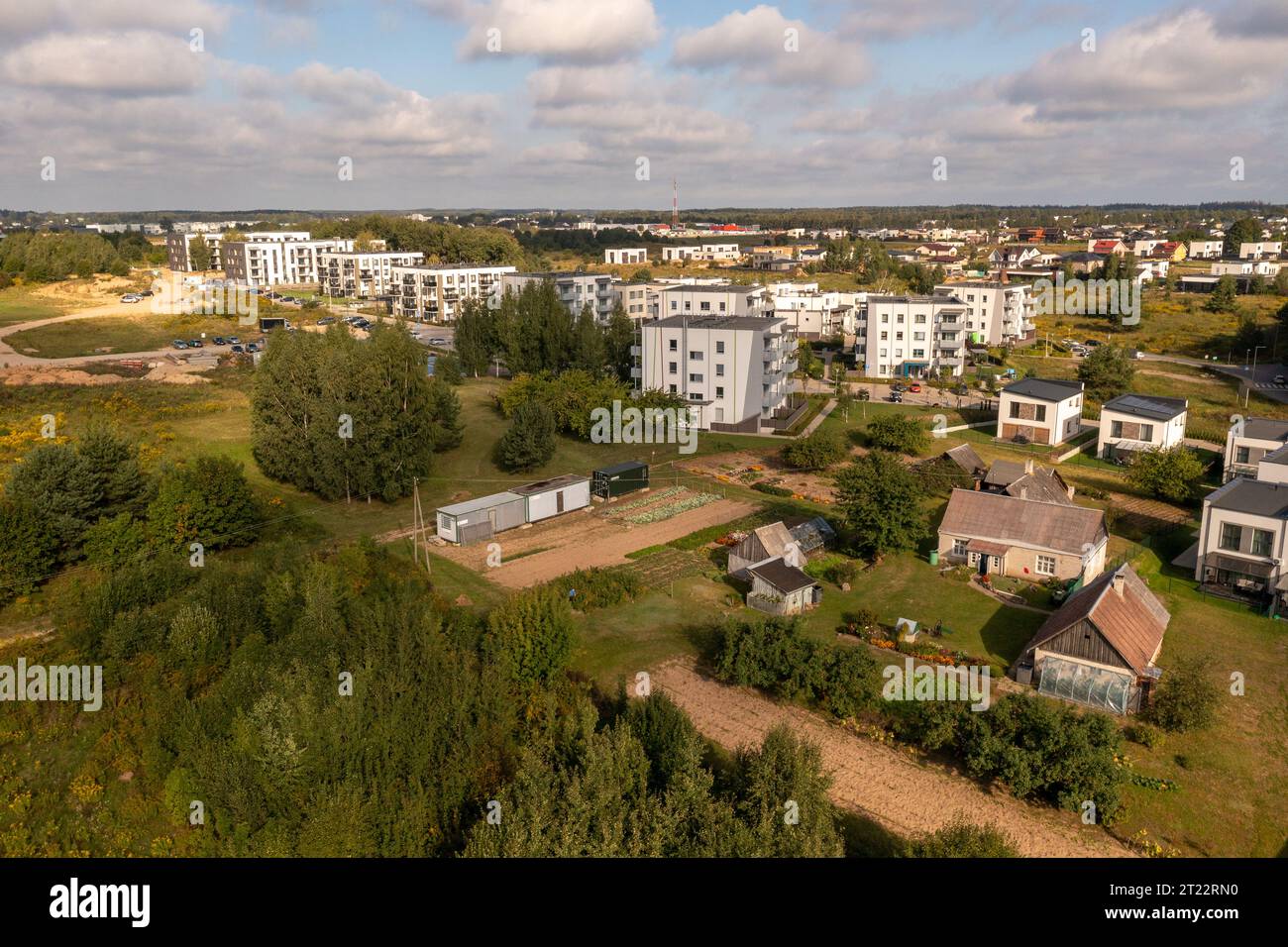 Drone photography of new multistory apartments in a a rural landscape ...