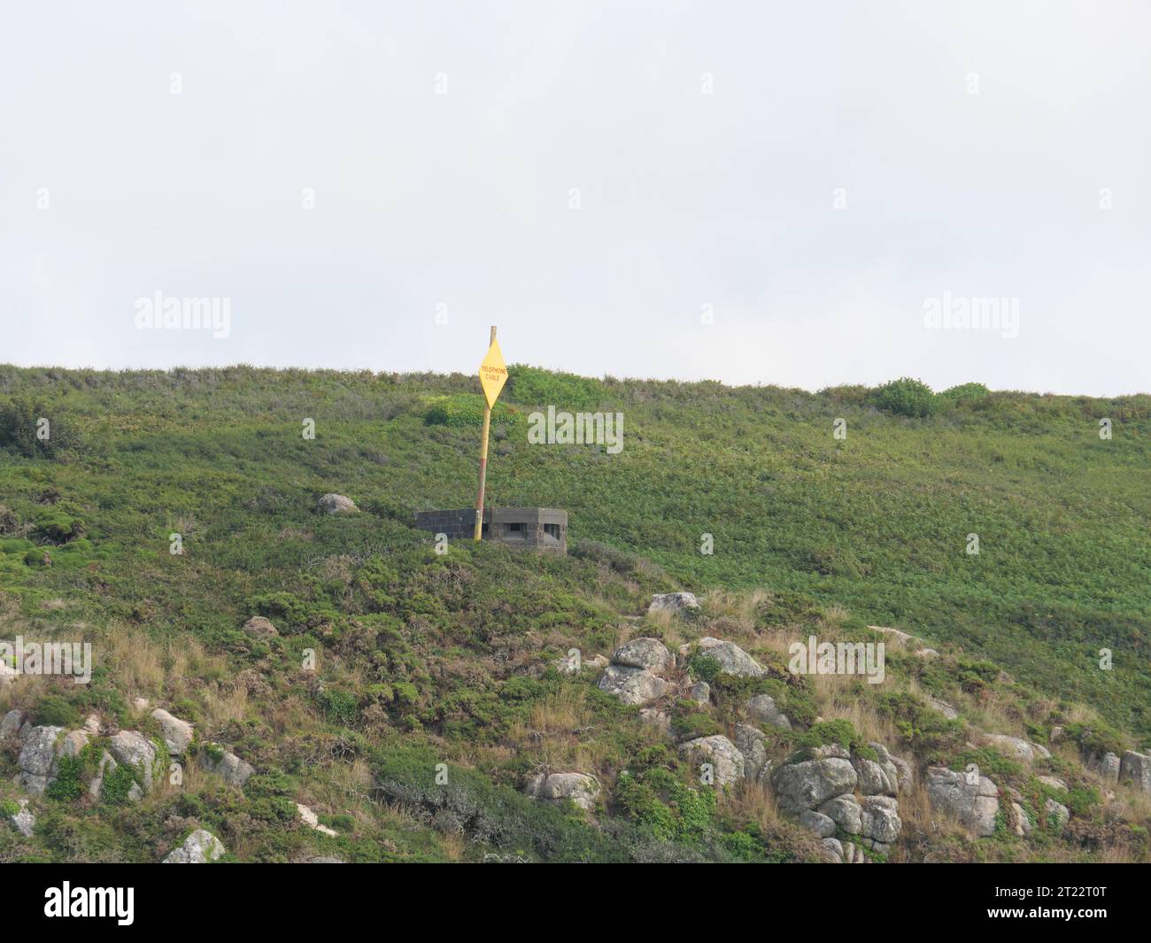 A yellow sign marks the landing place of the international telegraph ...