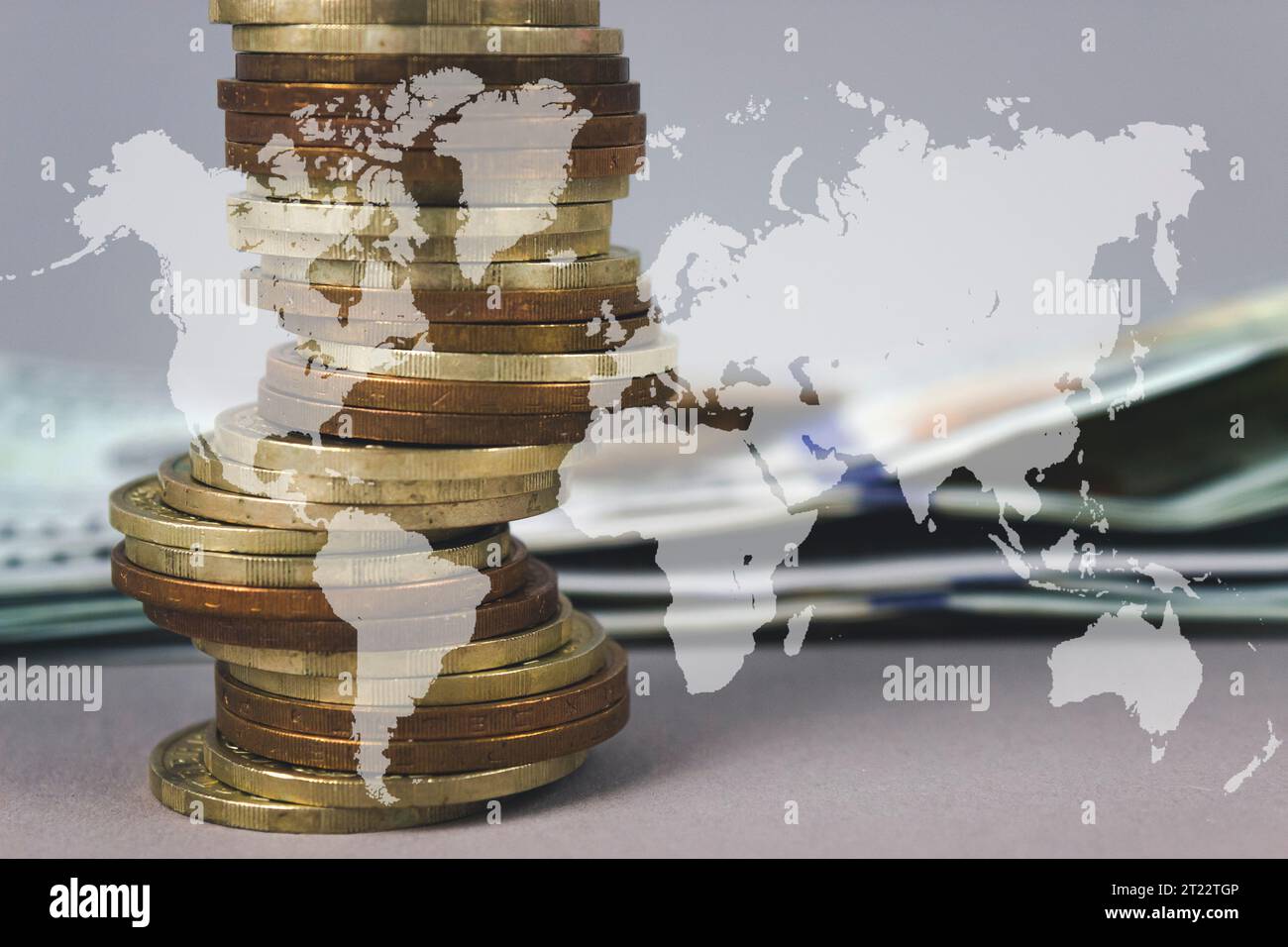 Coins stack and stack of one hundred dollar bills with Digital Earth ...