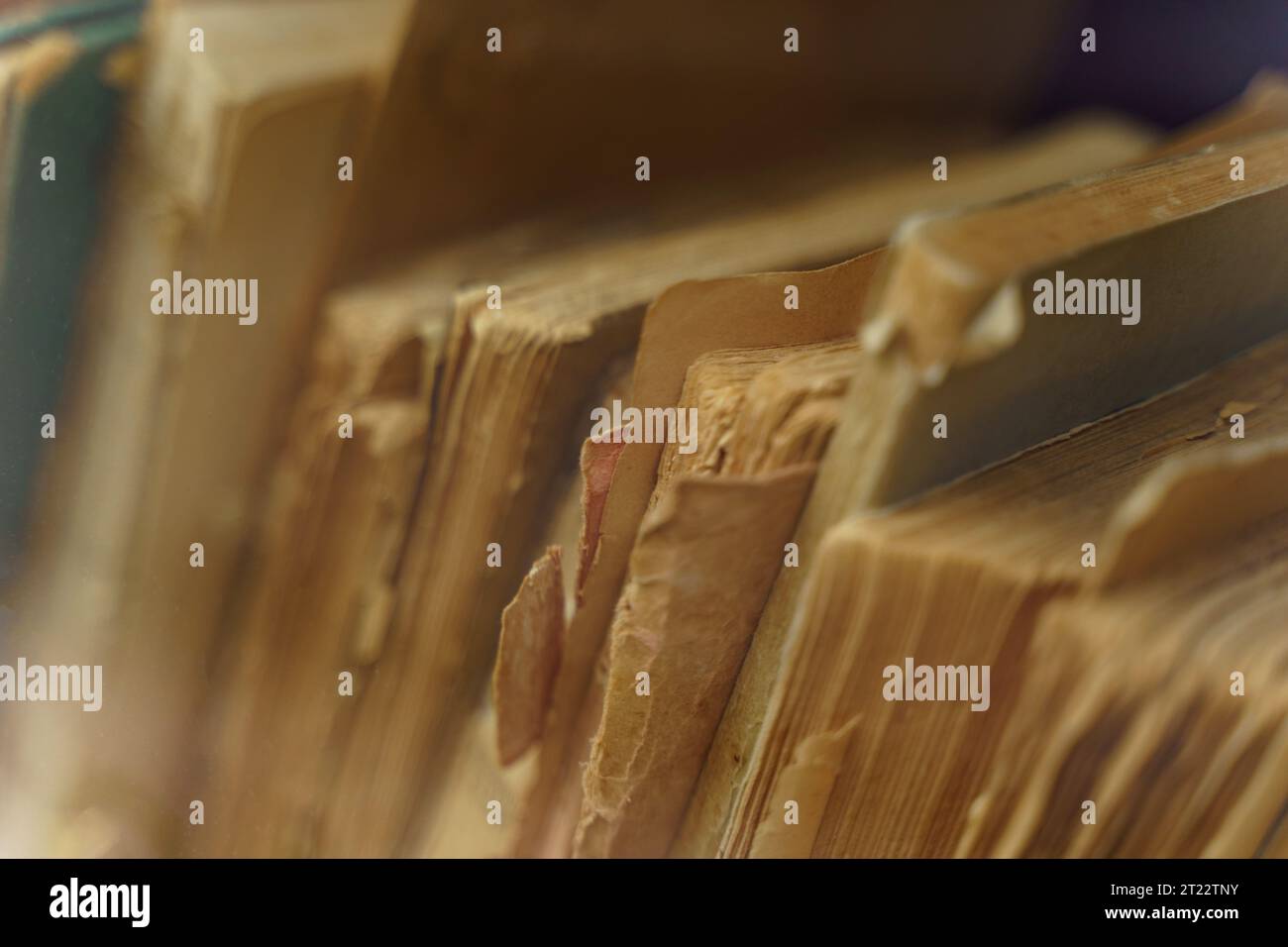 Old books stand in a row on the showcase. Close-up. background image ...