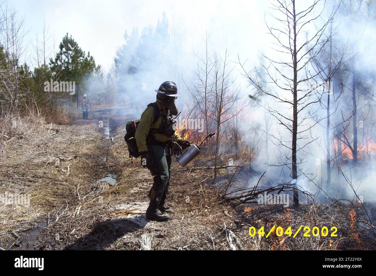 A worker uses a drip torch during a prescribed burn at Chesapeake ...