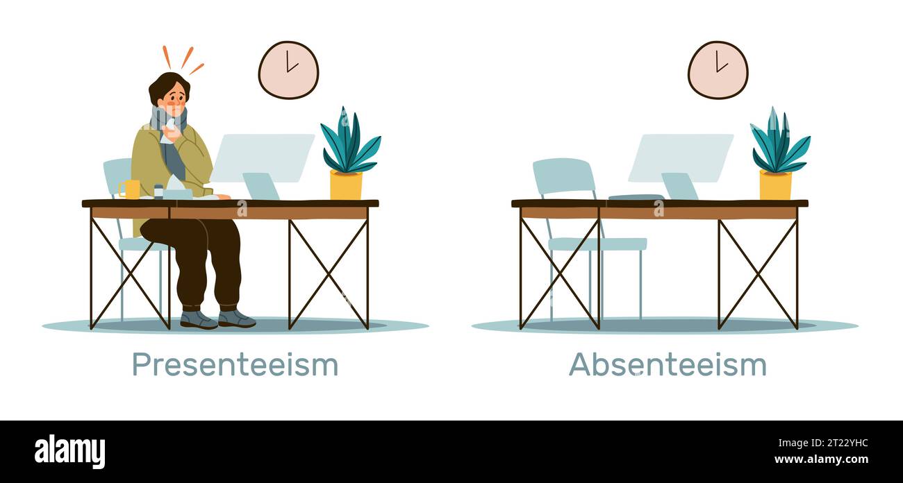 Absenteeism and presenteeism in workplace. Sick and tired man with low ...