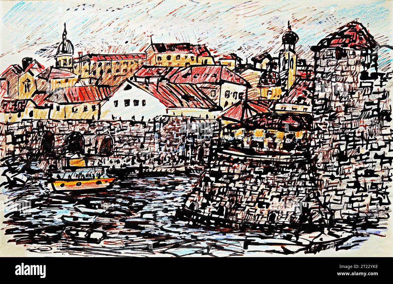 handmade watercolor sketch of the fortress in Dubrovnik in Croatia ...