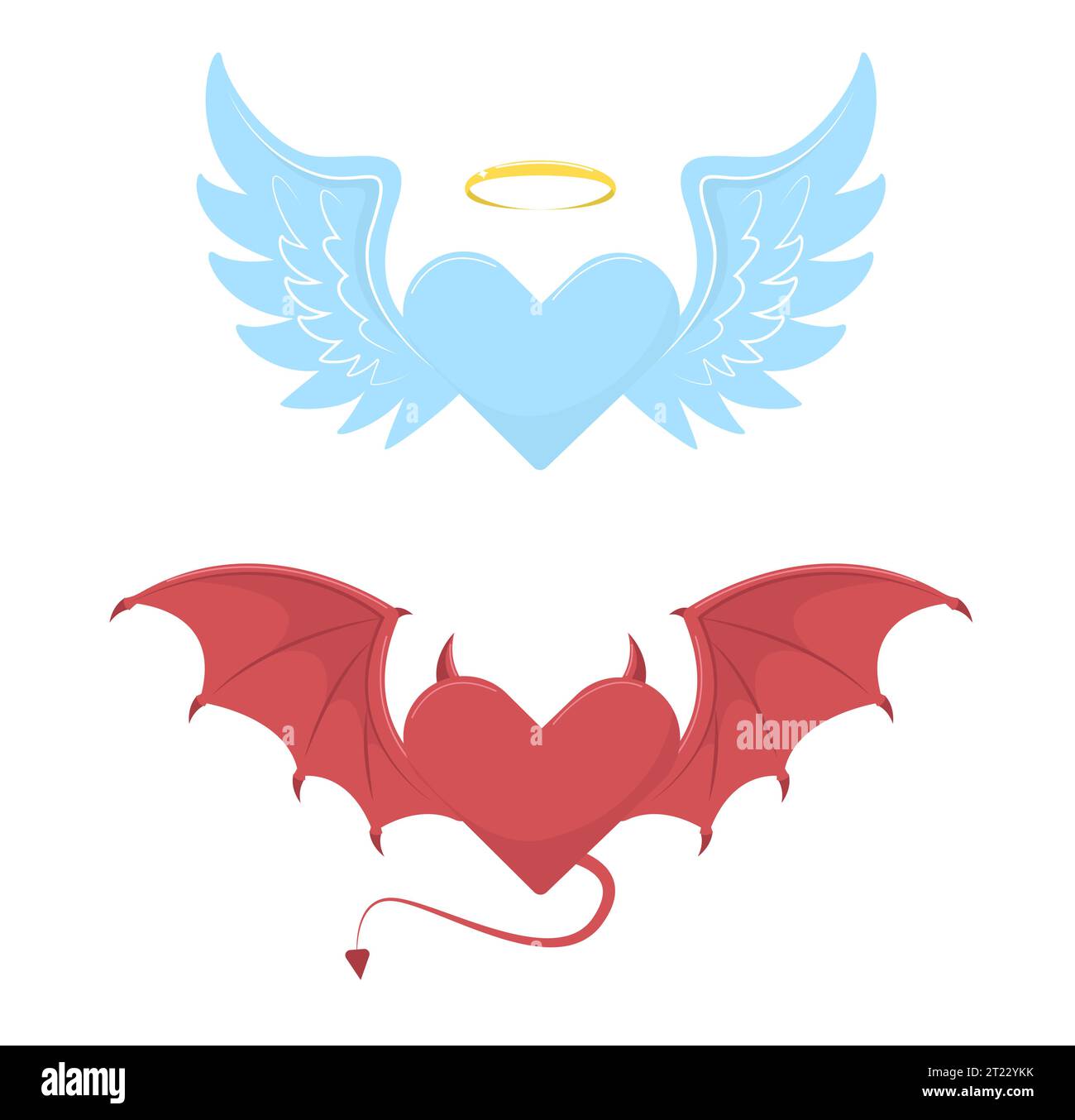 Angel and devil hearts with wings. Blue and red heart. Golden halo, bat ...