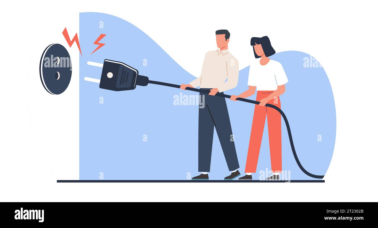 Concept of saving electricity, woman and man pulling electrical cord ...