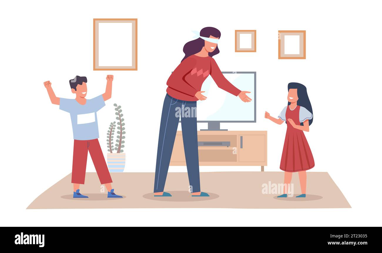 Children playing blindfolded with mom. Indoor games with parent ...