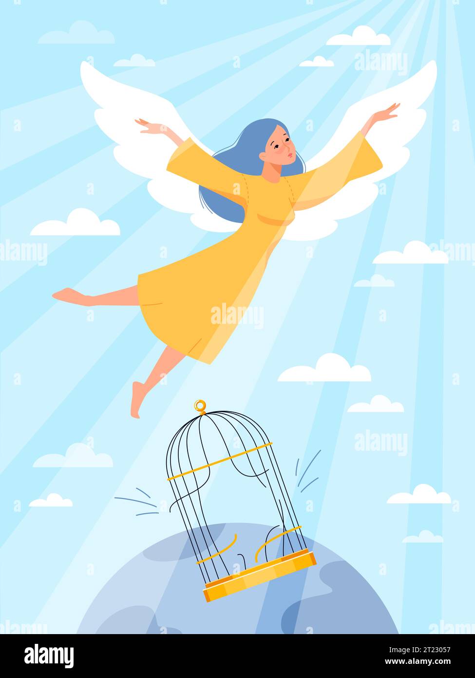 Cute girl is released from cage. Gaining freedom, life change process ...