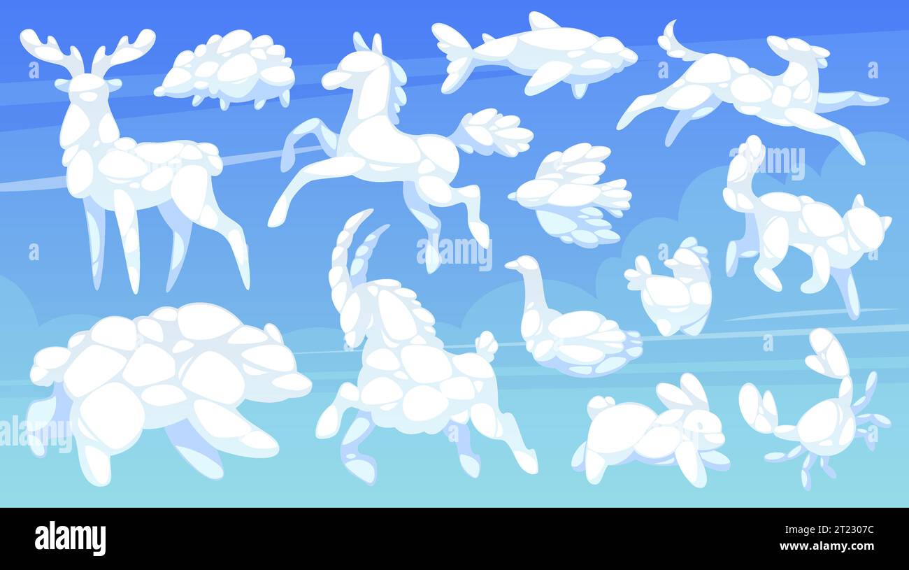 Animal shaped clouds. Cartoon fluffy sky white elements, kids dreamlike ...