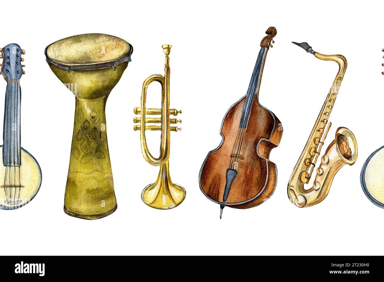 Watercolor drawn musical instruments isolated on white background ...