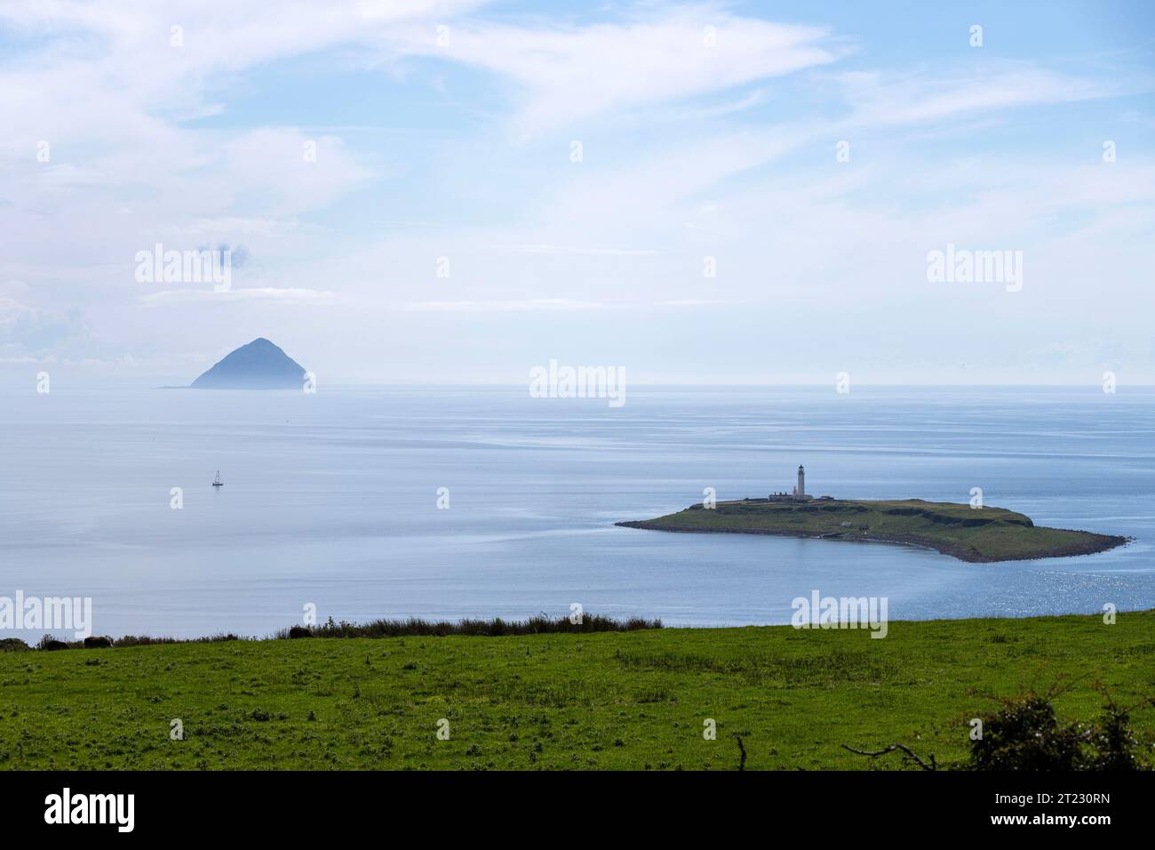 Ailsa Craig and Pladda Lighthouse from Isle Of Arran, Firth of Clyde ...