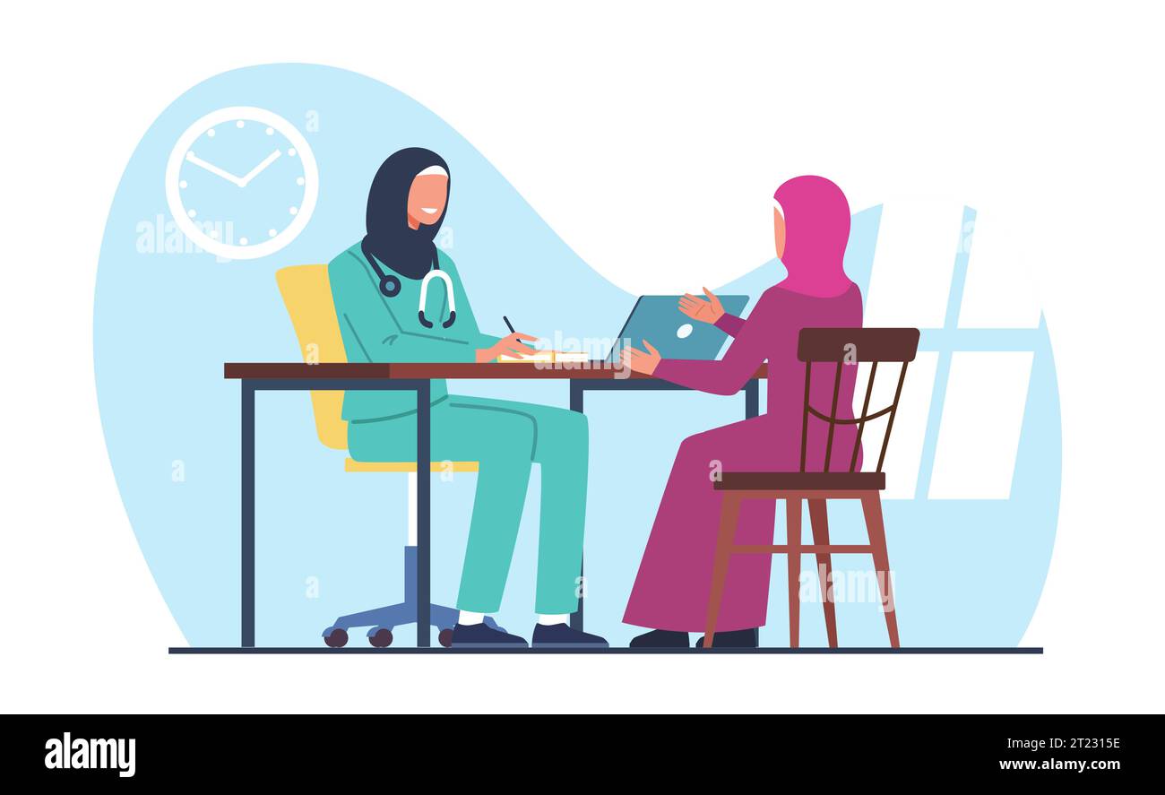Muslim female doctor sees patient. Consultation and examination. Arab ...