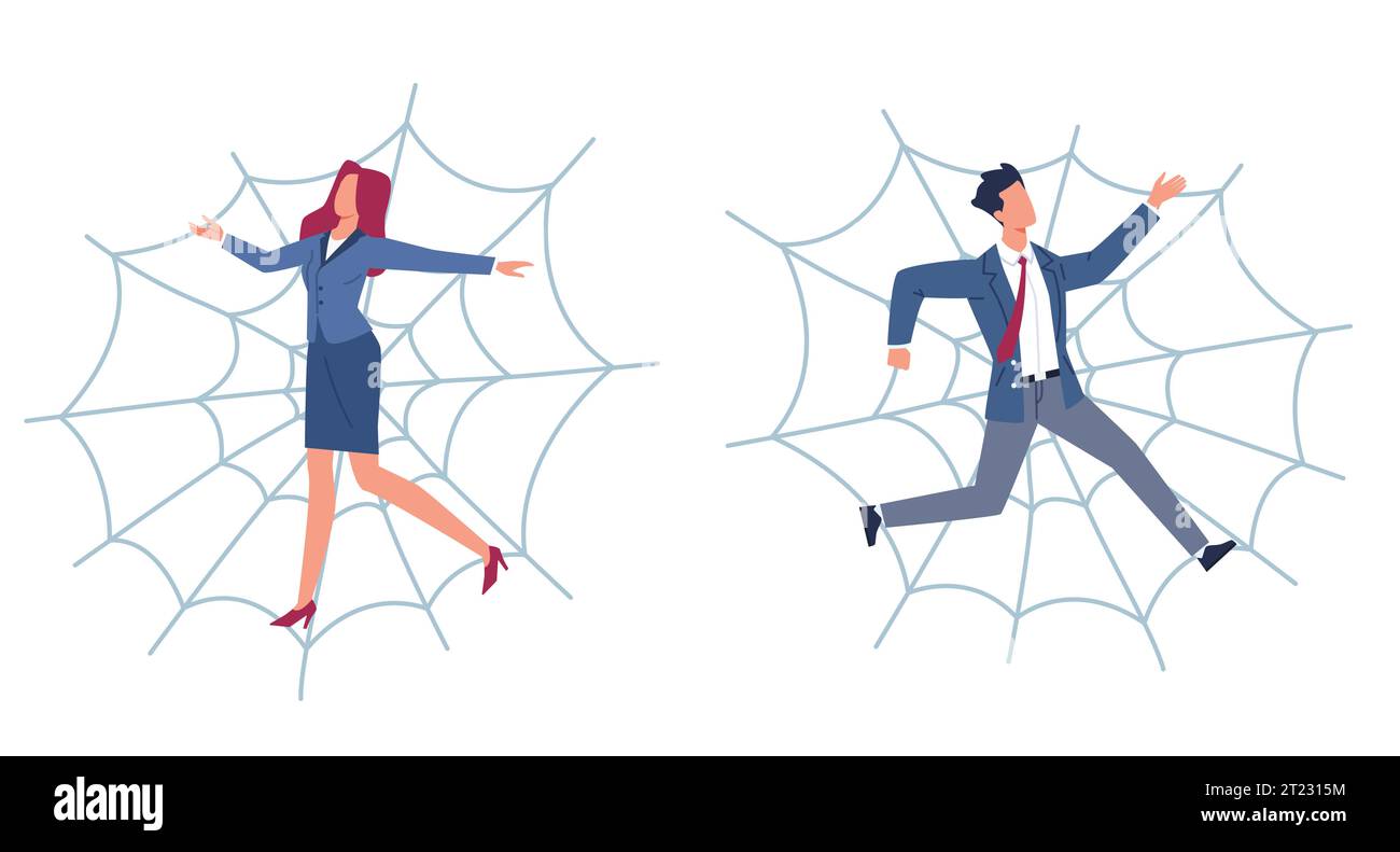 Man and woman tangled in web. Business people stuck in cobweb ...