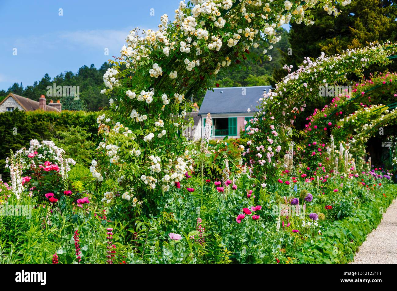 Rose arches and colourful summer flower borders in Giverny, the garden ...