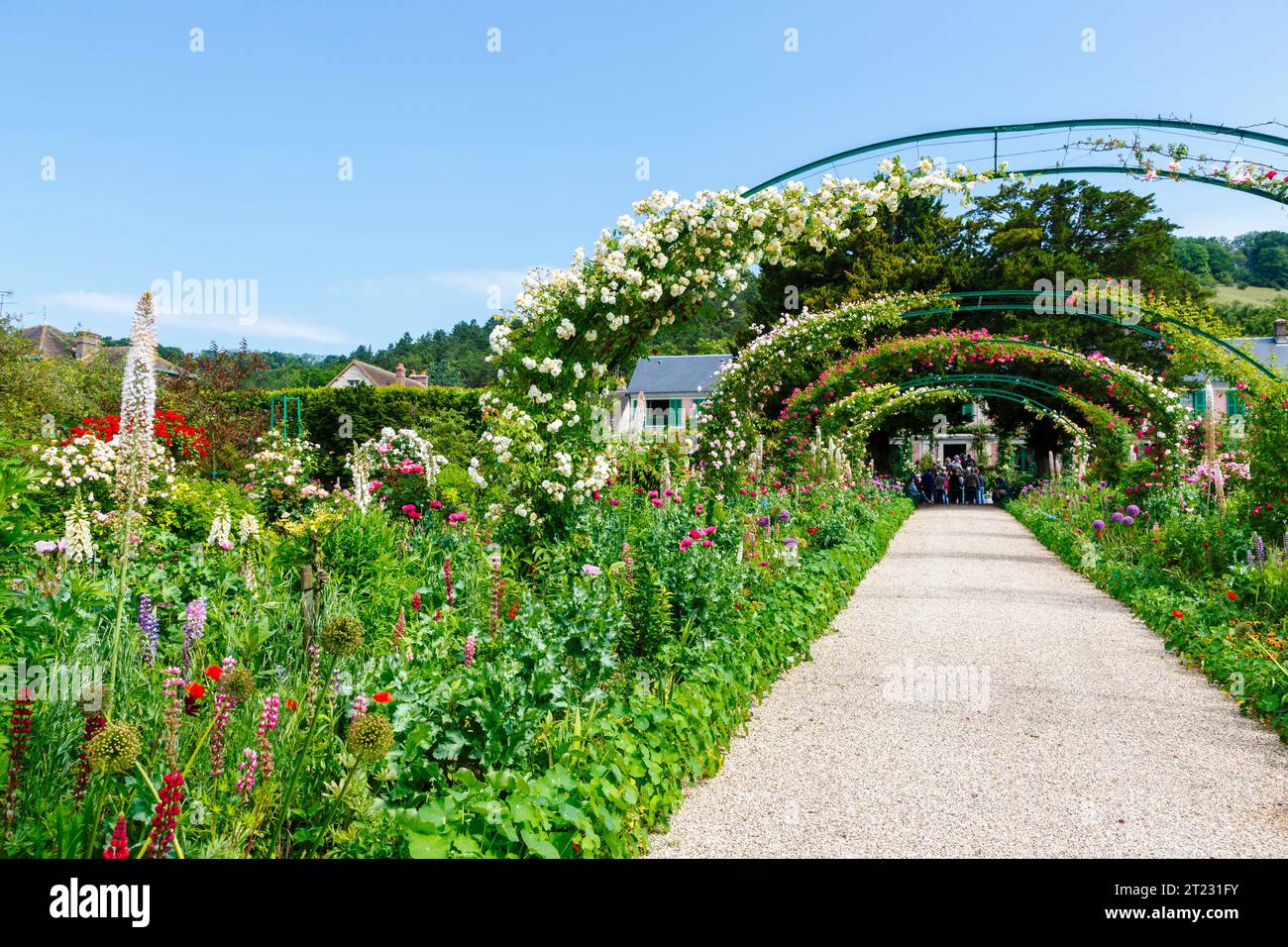 Rose arches and colourful summer flower borders in Giverny, the garden ...