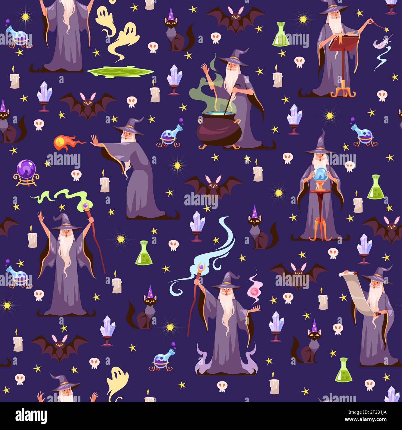 Seamless pattern with witches and magic. Wizard with potion or casts ...