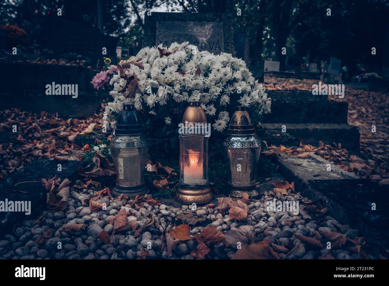 All souls day celebration in the graveyard, tradiotional decoration on ...