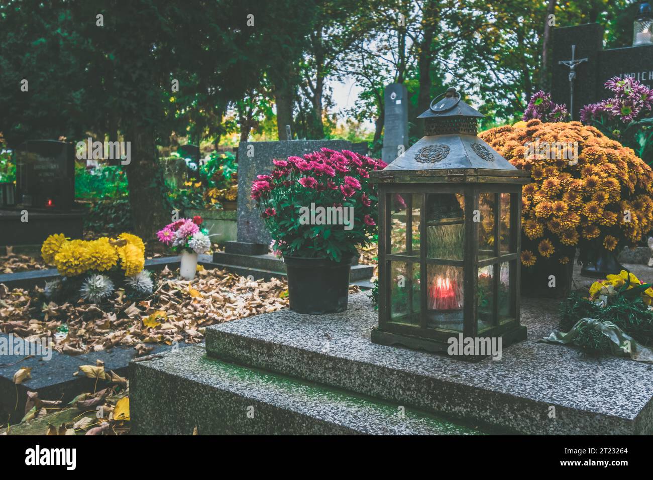 All souls day celebration in the graveyard, tradiotional decoration on ...