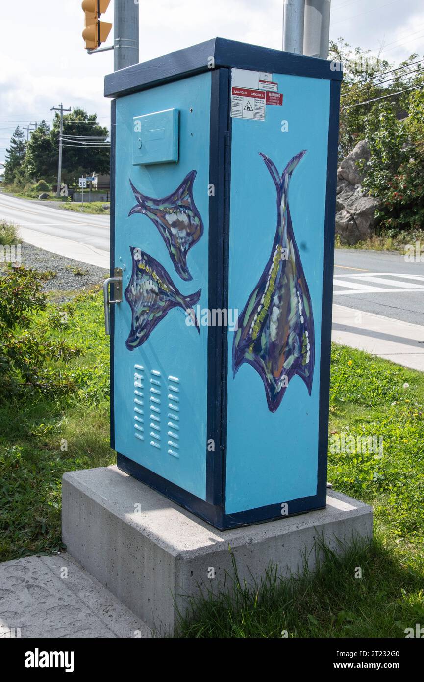 Drying cod mural on electrical traffic control box in Conception Bay ...