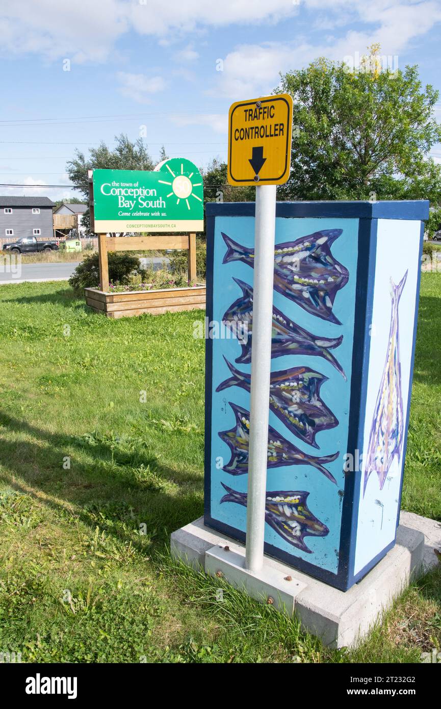 Drying cod mural on electrical traffic control box in Conception Bay ...