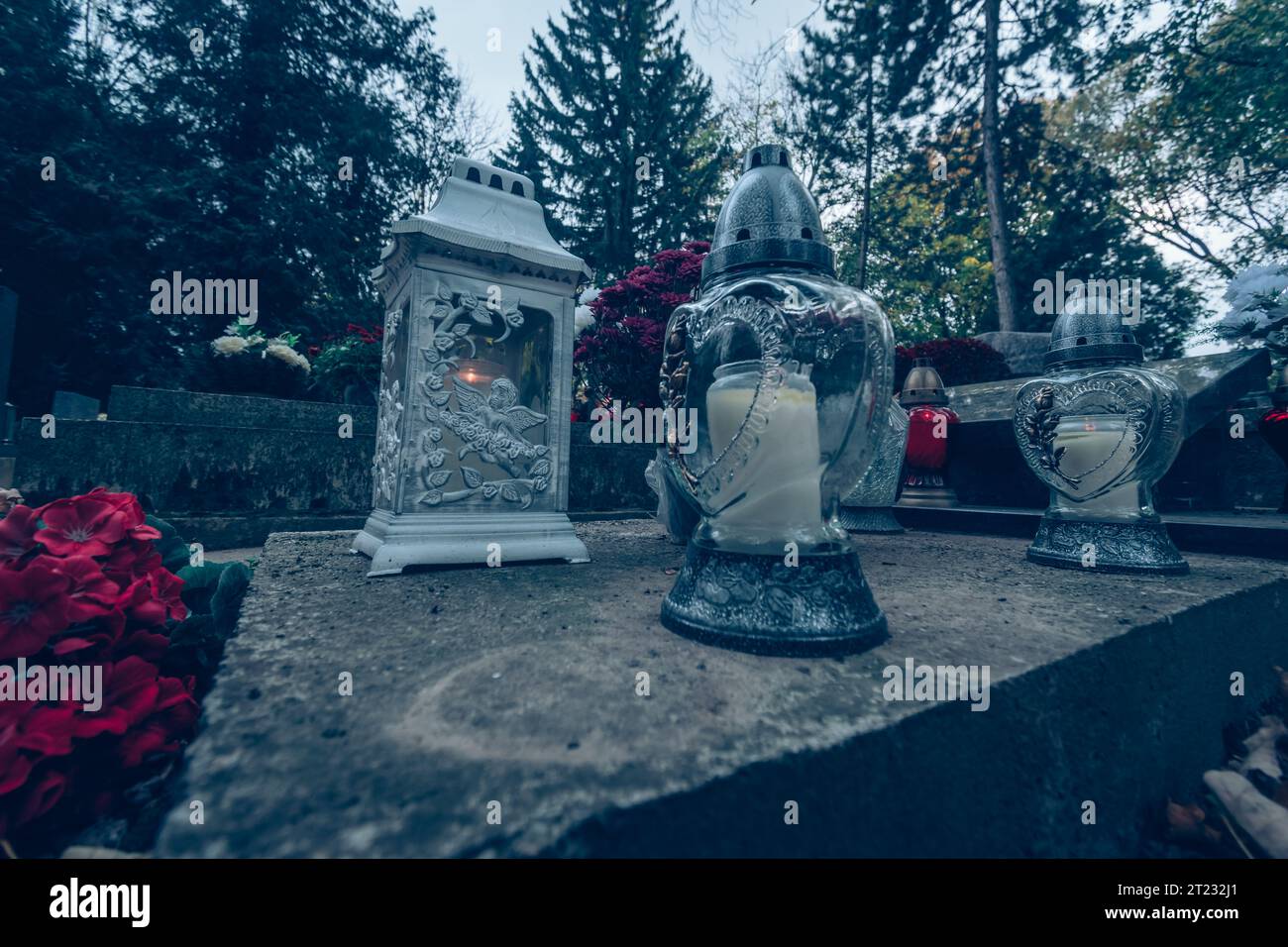 All souls day celebration in the graveyard, tradiotional decoration on ...